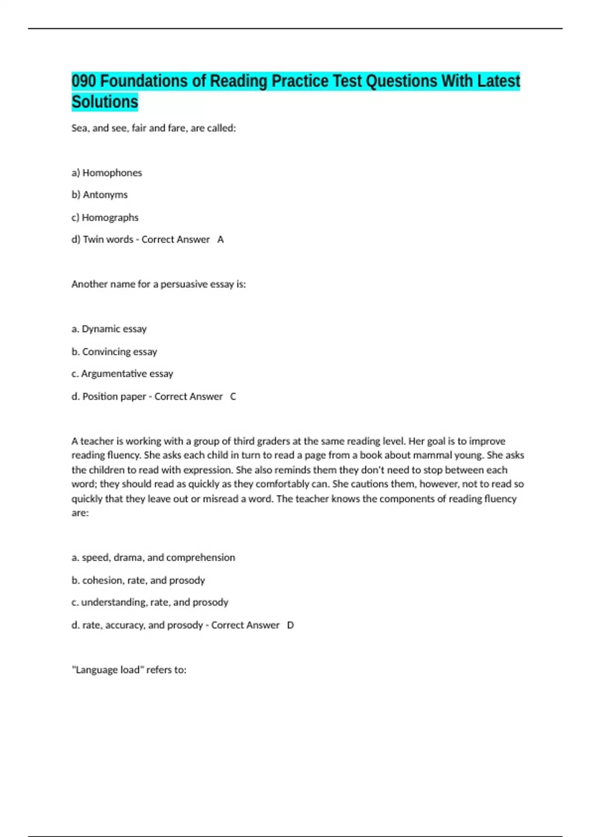 090 Foundations of Reading Practice Test Questions With Latest ...