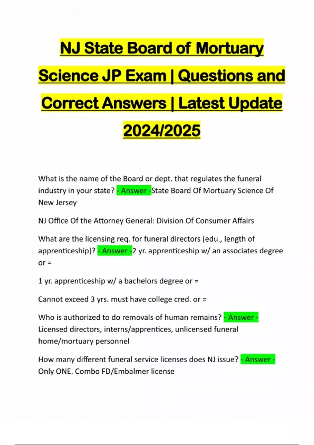 NJ State Board of Mortuary Science JP Exam | Questions and Correct ...