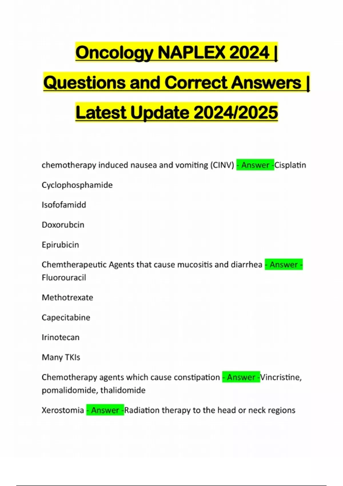 Oncology NAPLEX 2024 | Questions and Correct Answers | Latest Update ...