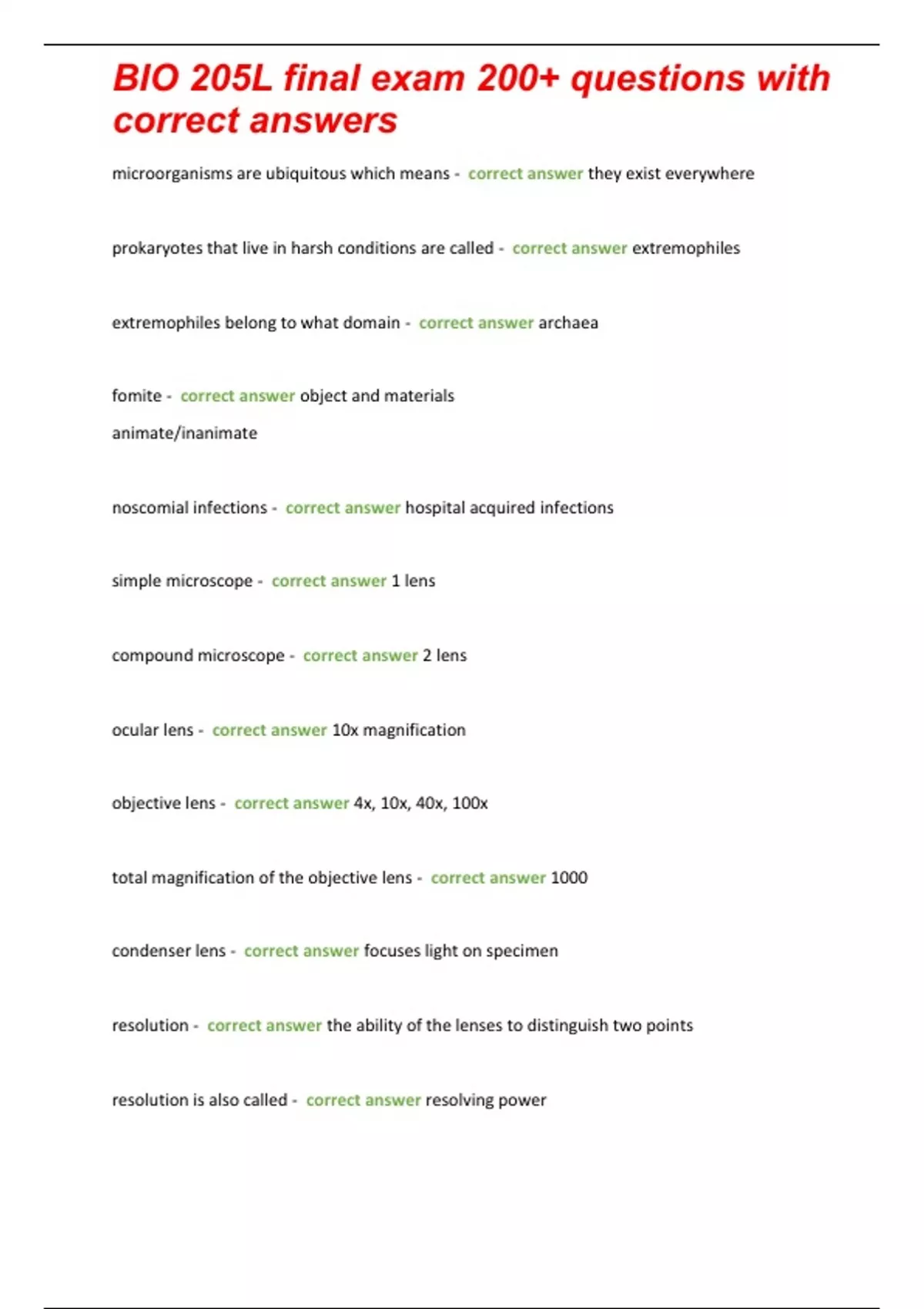 BIO 205L final exam 200+ questions with correct answers - BIO 205L ...