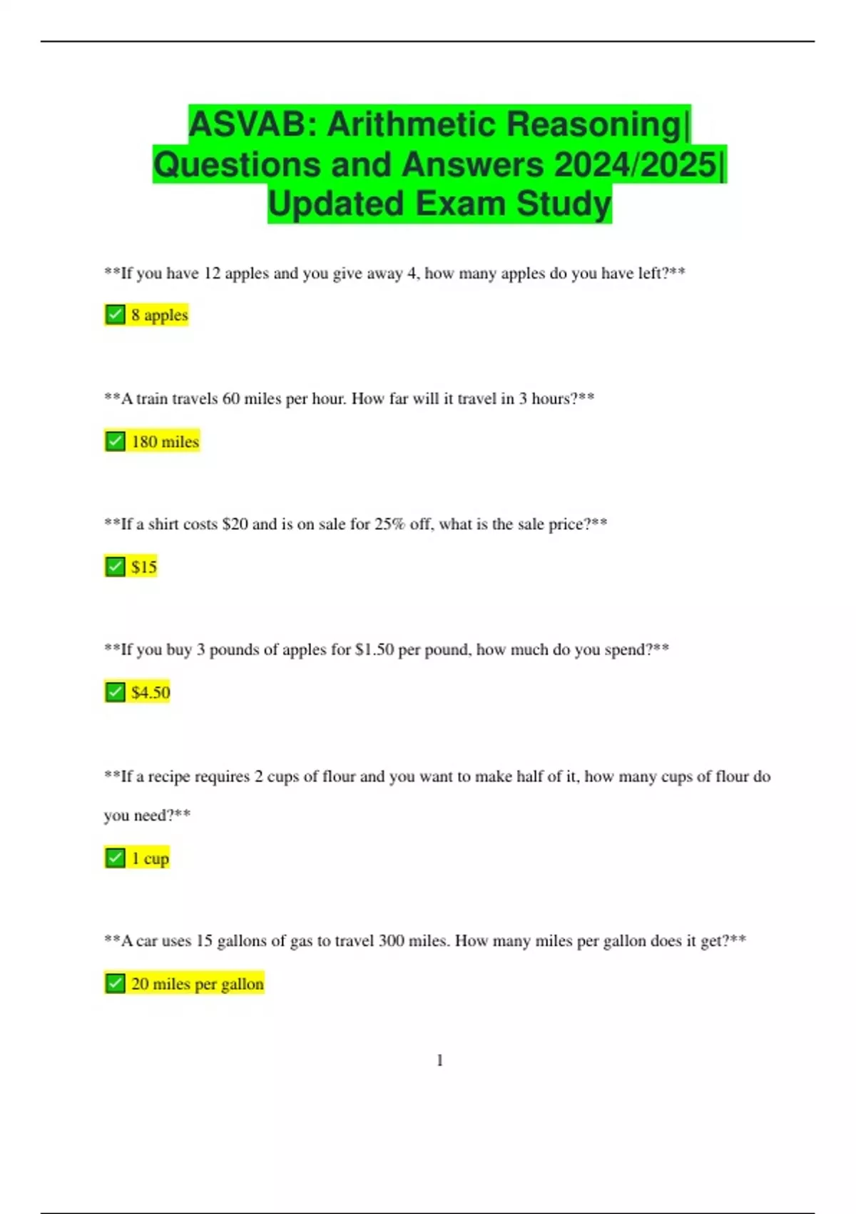 ASVAB: Arithmetic Reasoning| Questions and Answers 2024/2025| Updated ...