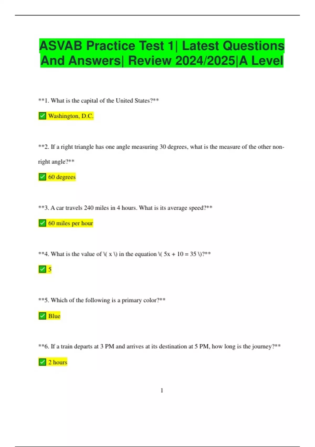 ASVAB Practice Test 1| Latest Questions And Answers| Review 2024/2025|A ...