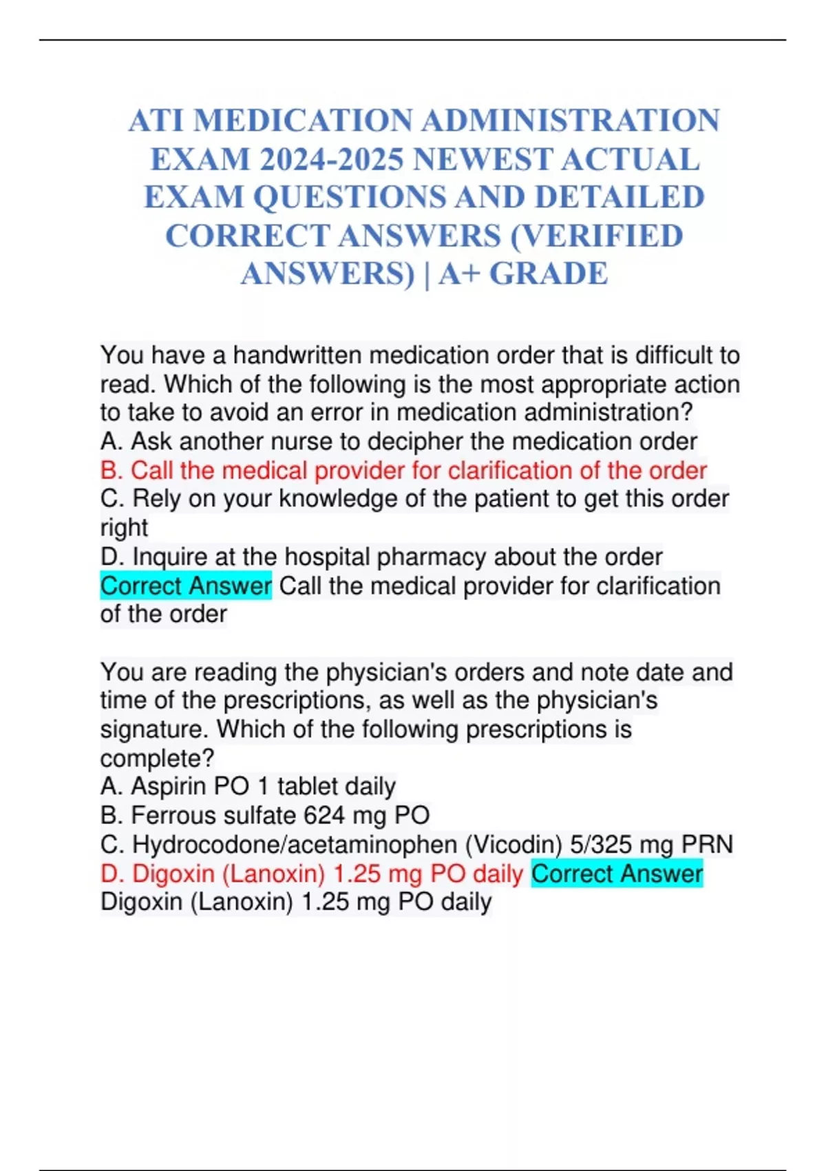 ATI MEDICATION ADMINISTRATION EXAM NEWEST ACTUAL EXAM QUESTIONS AND ...
