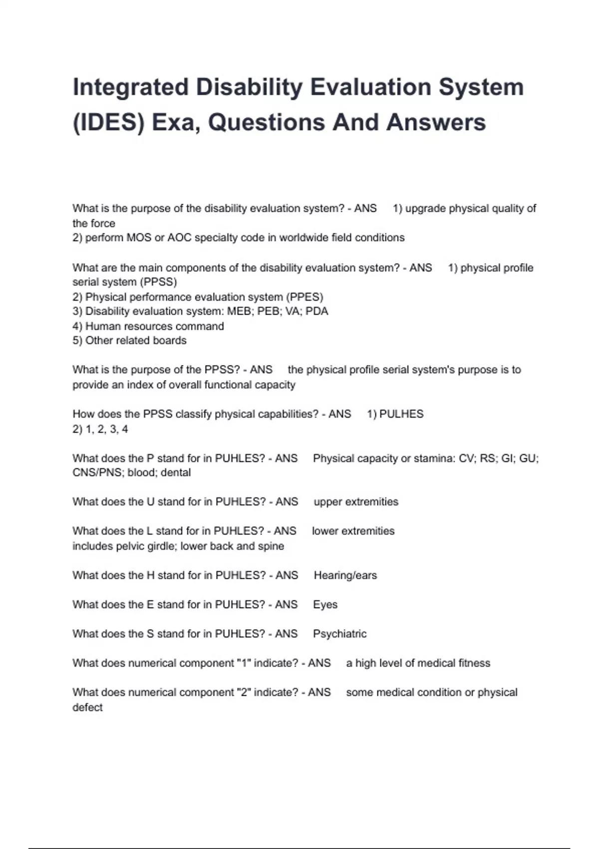 Integrated Disability Evaluation System (IDES) Exa, Questions And ...