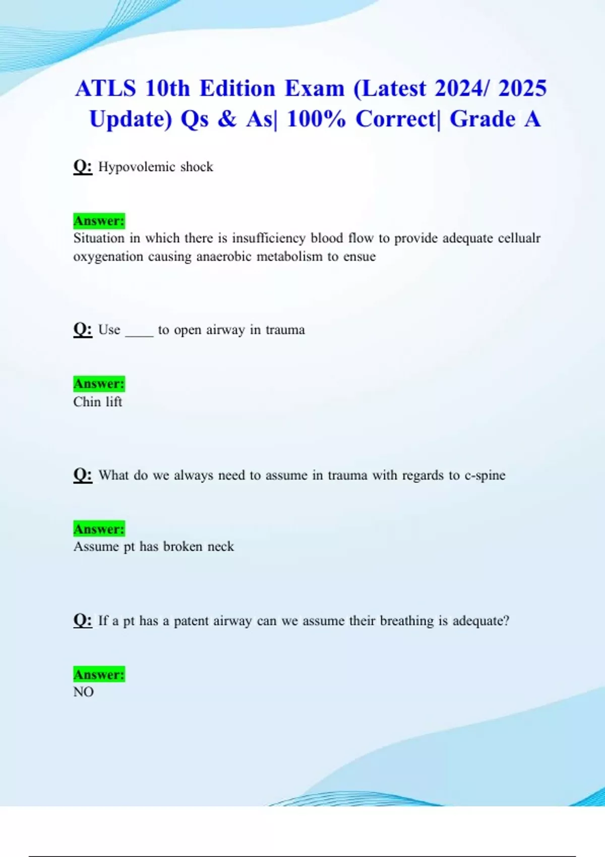 ATLS 10th Edition Exam (Latest 2024/ 2025 Update) Qs & As| 100% Correct ...