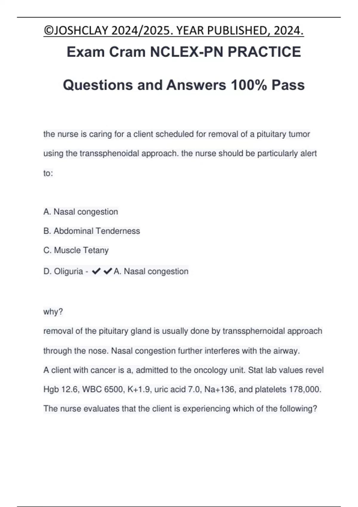 Exam Cram NCLEX-PN PRACTICE Questions and Answers 100% Pass - Nclex ...
