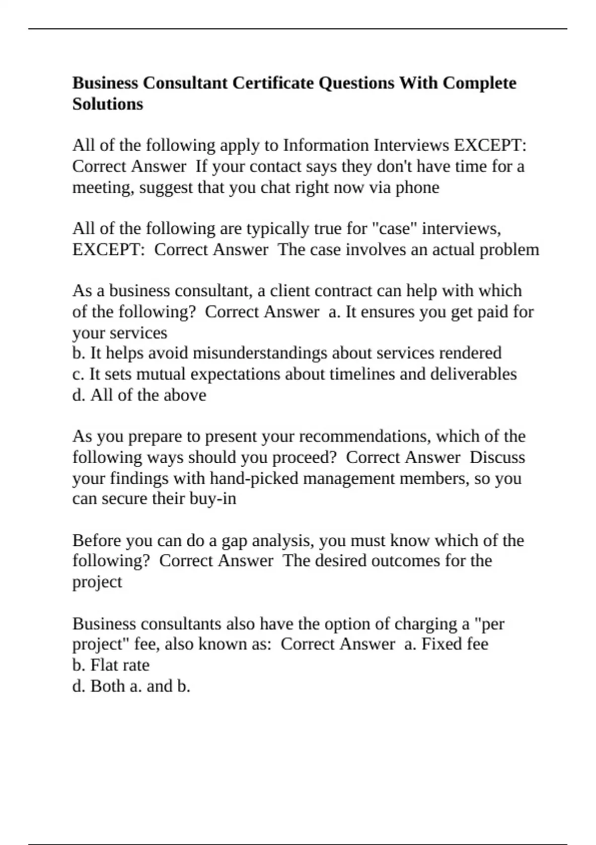 Business Consultant Certificate Questions With Complete Solutions ...
