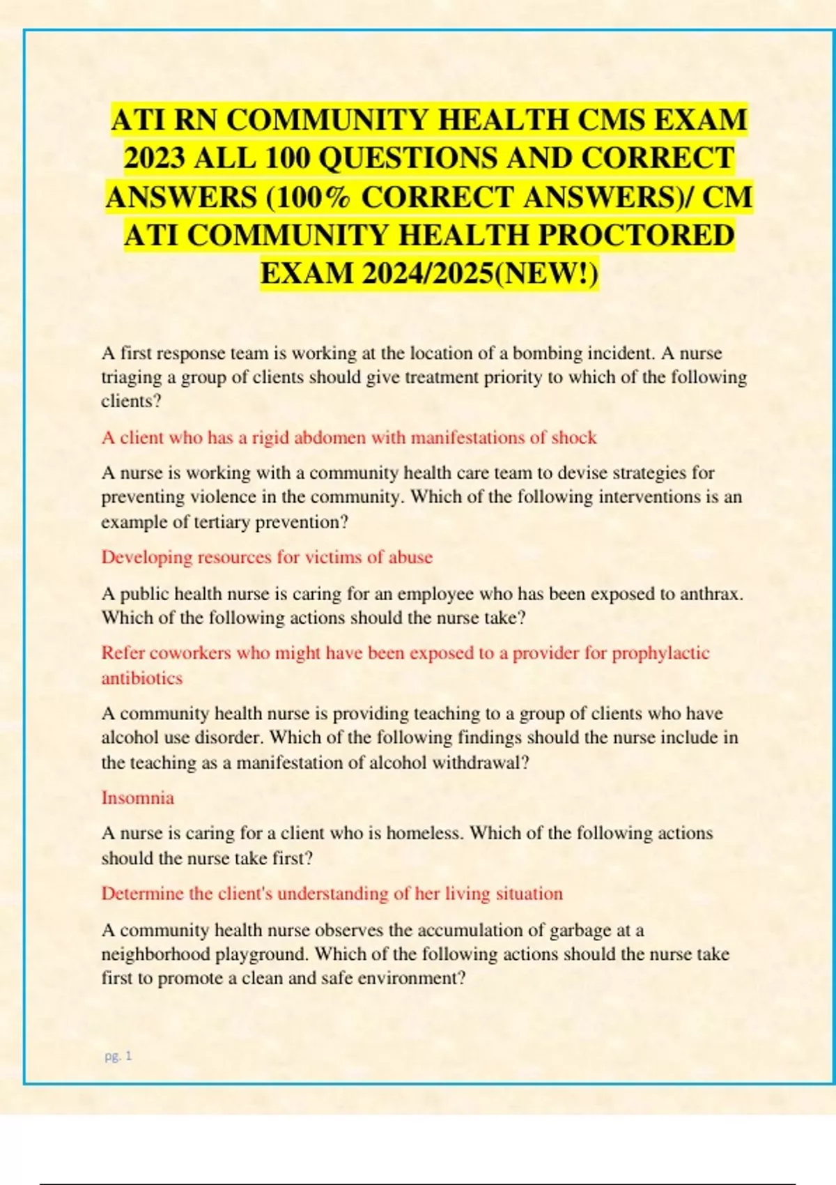 ATI RN COMMUNITY HEALTH CMS EXAM 2023 ALL 100 QUESTIONS AND CORRECT ...