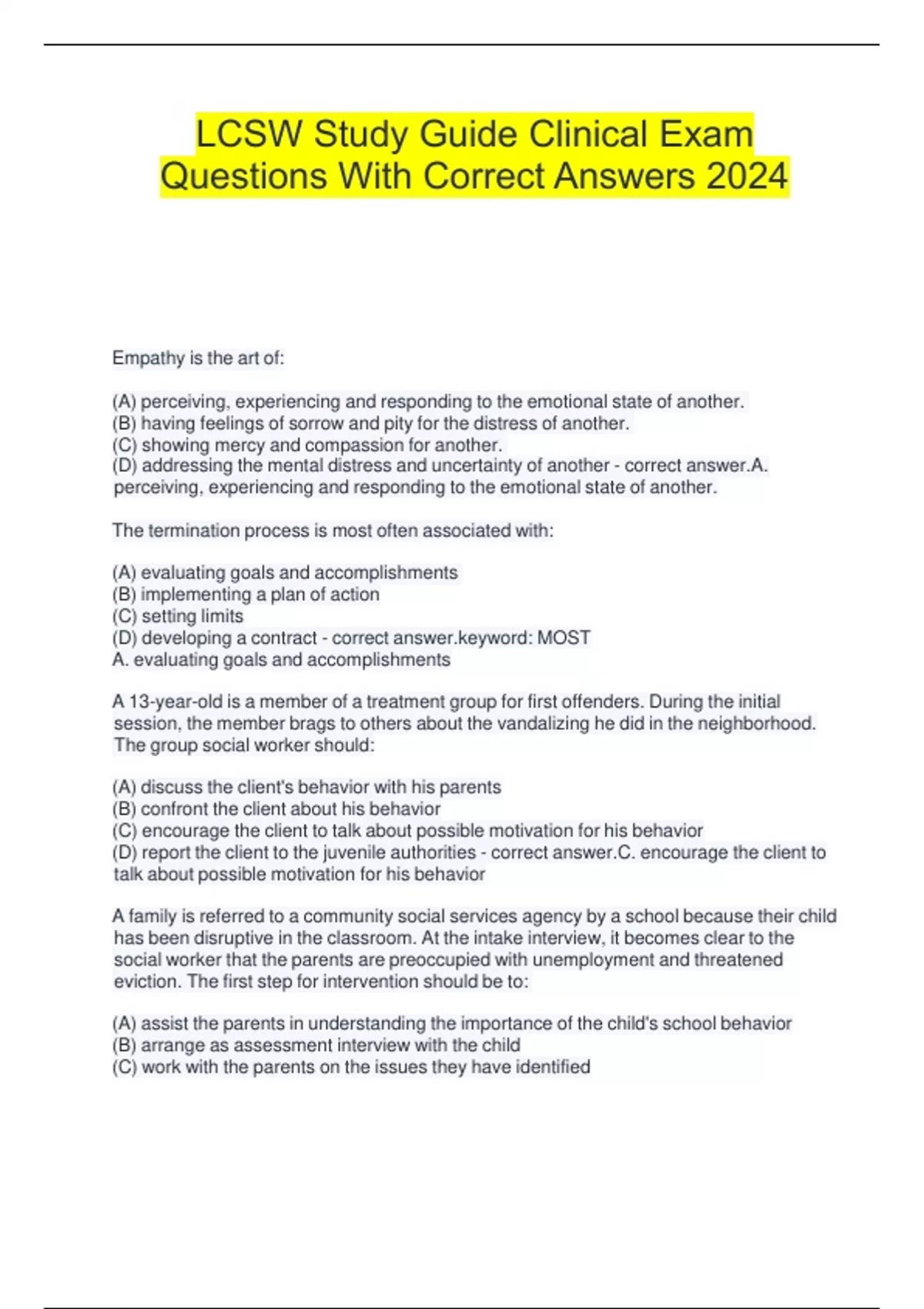 LCSW Study Guide Clinical Exam Questions With Correct Answers 2024 ...