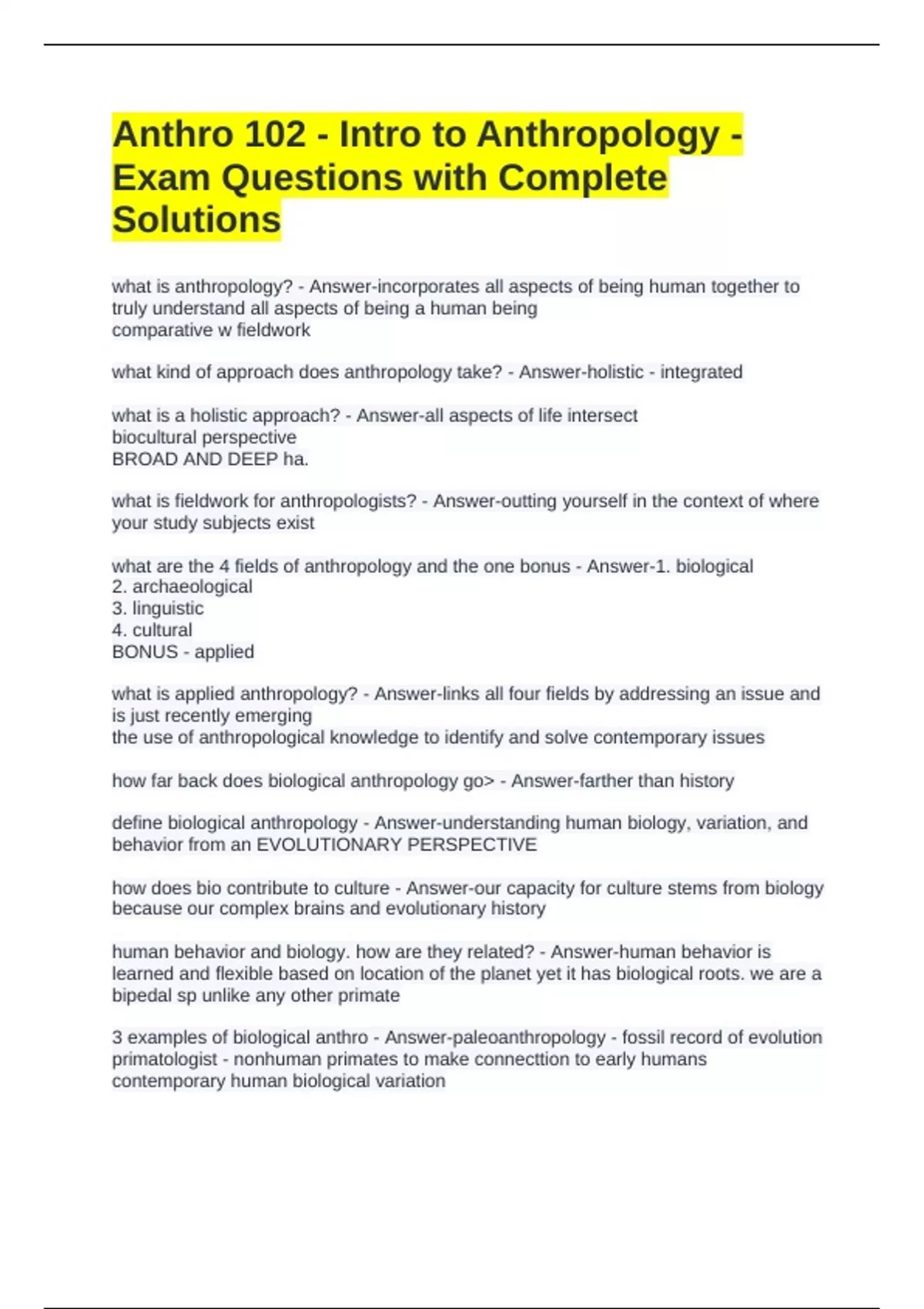 Anthro 102 - Intro to Anthropology - Exam Questions with Complete ...