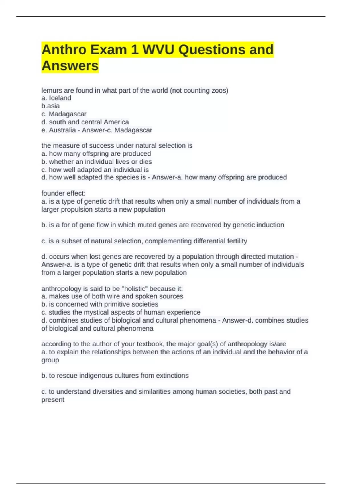 Anthro Exam 1 Wvu Questions And Answers Anthropology Stuvia Us