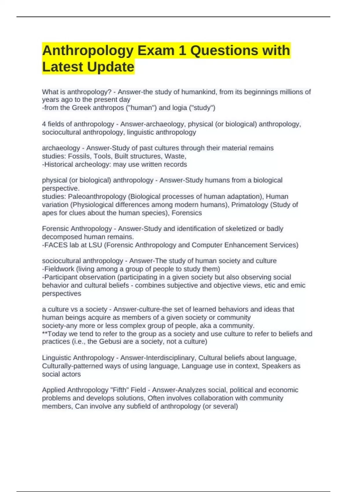 Anthropology Exam 1 Questions with Latest Update - Anthropology - Stuvia UK