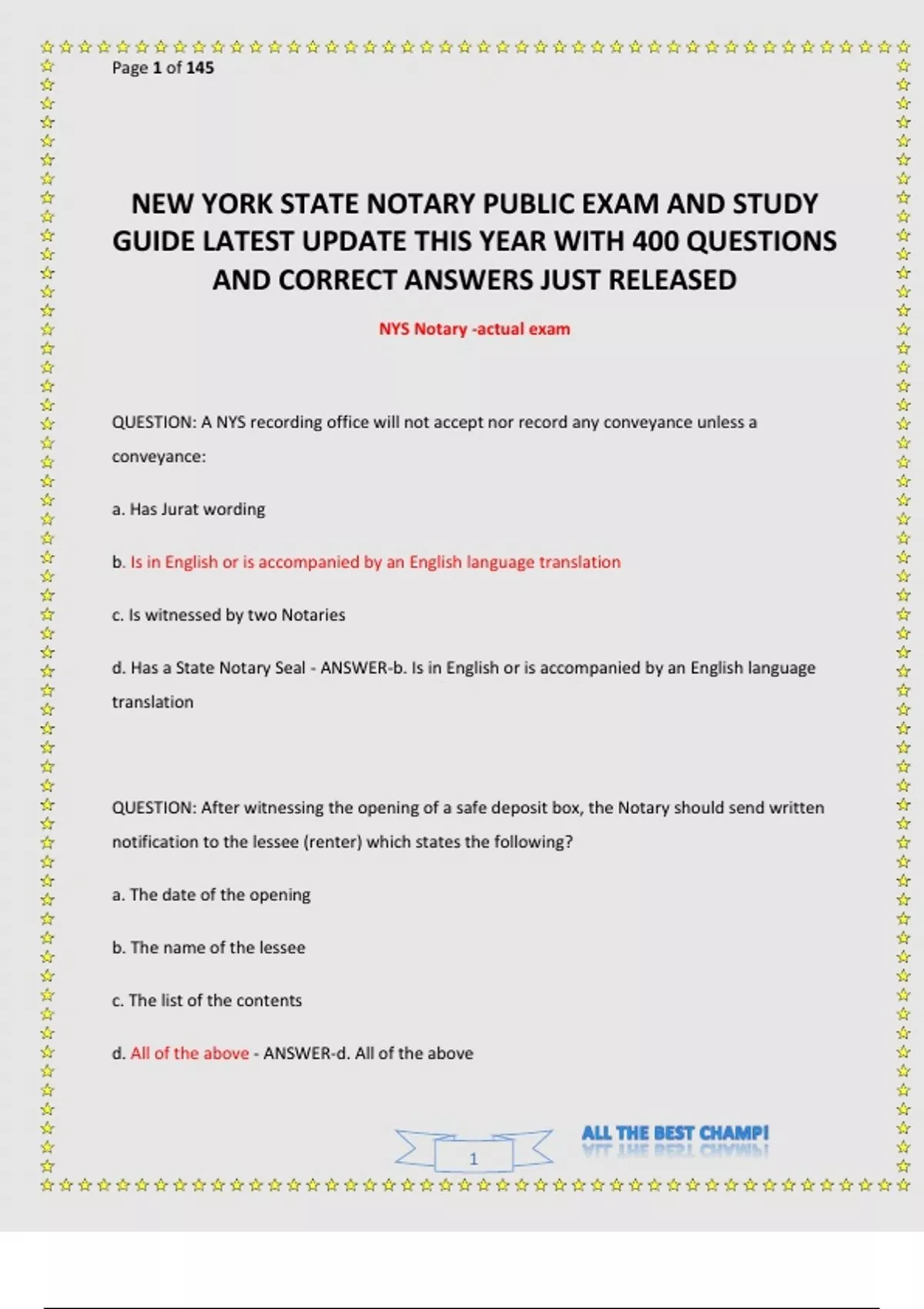 NEW YORK STATE NOTARY EXAM A, B AND C ACTUAL EXAM LATEST UPDATE THIS ...