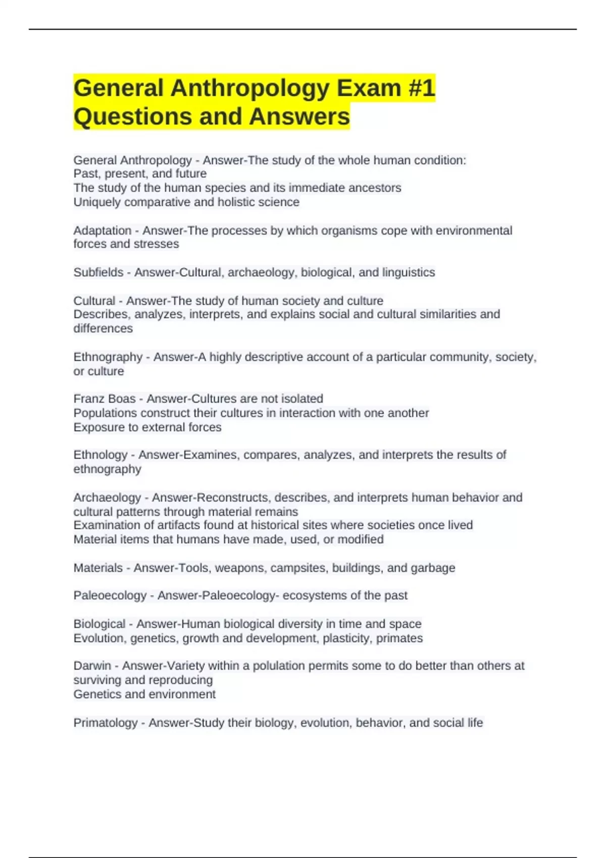 General Anthropology Exam #1 Questions and Answers - Anthropology ...