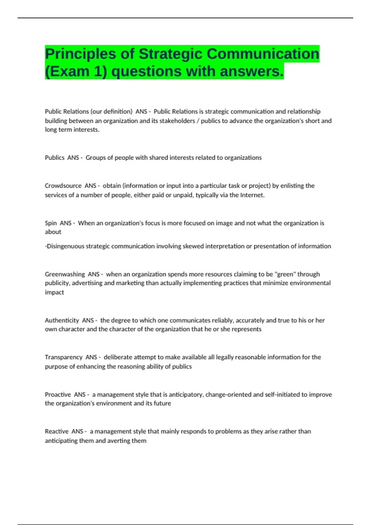 Principles of Strategic Communication (Exam 1) questions with answers ...