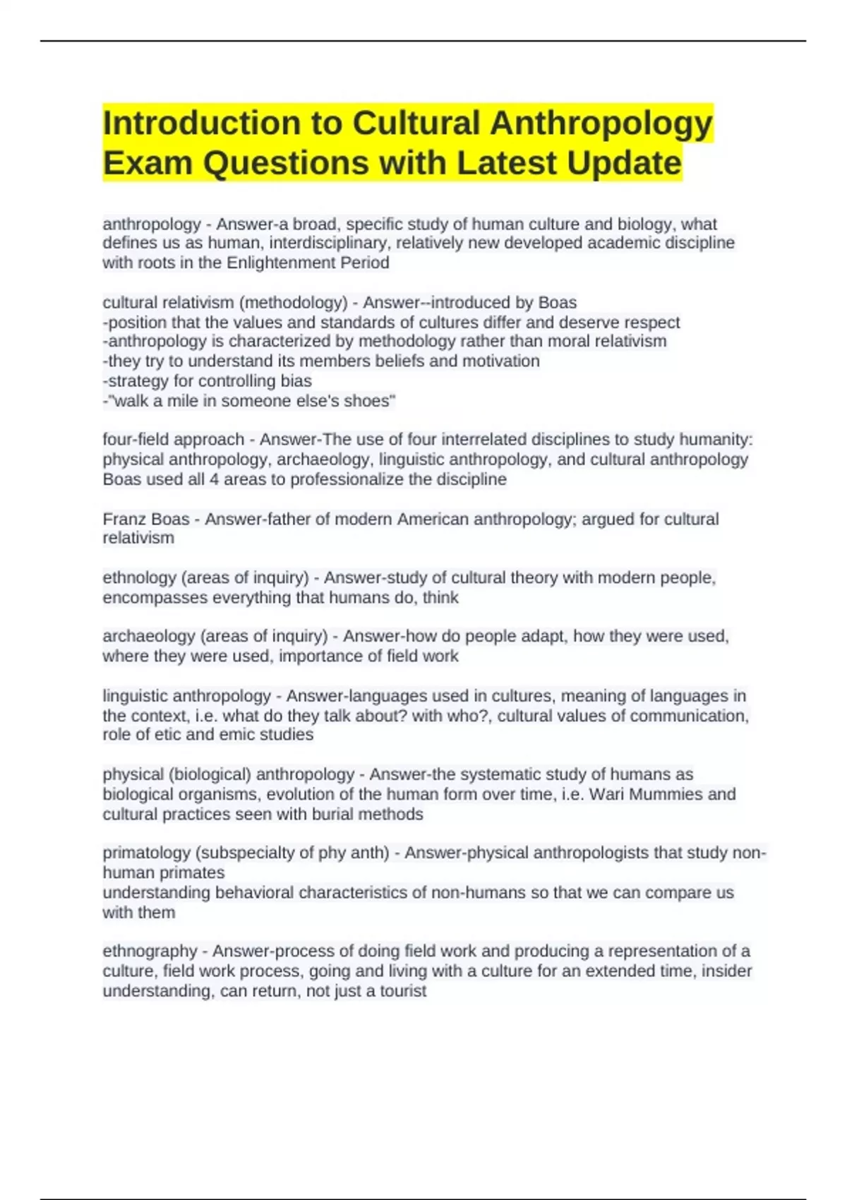 Introduction to Cultural Anthropology Exam Questions with Latest Update ...