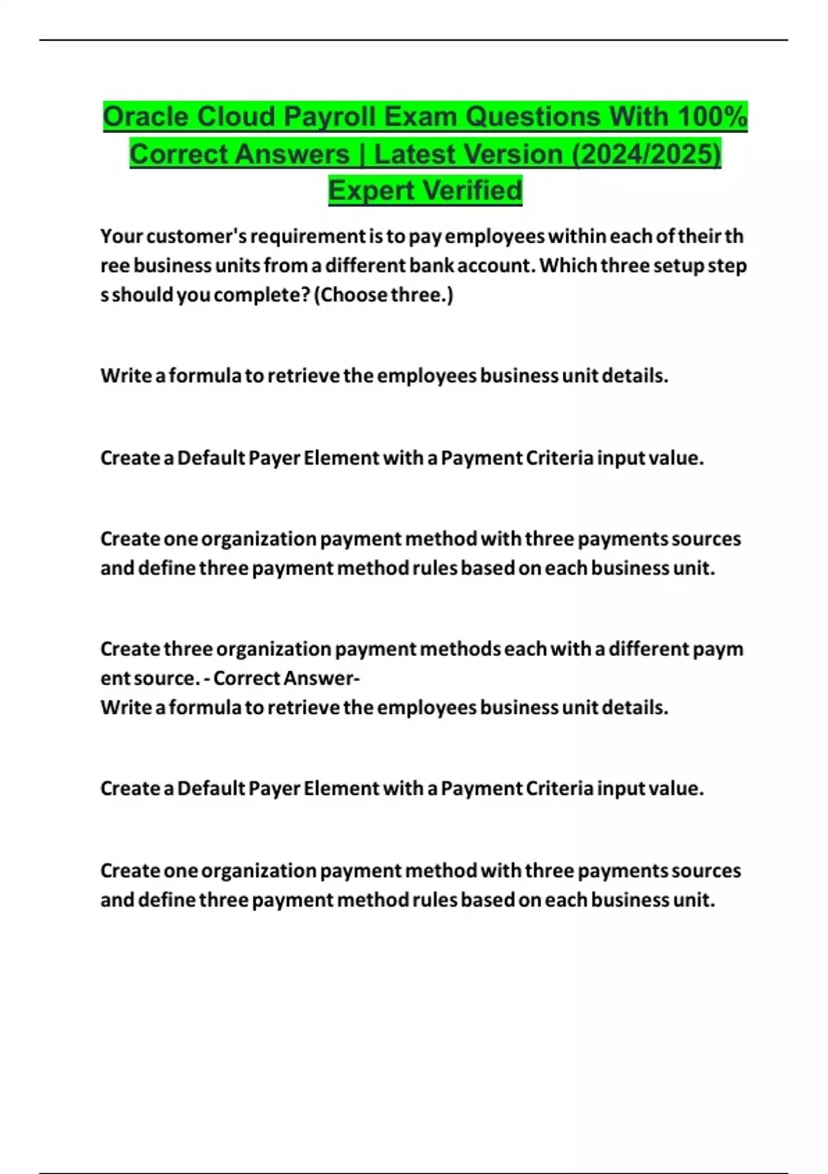 Oracle Cloud Payroll Exam Questions With 100% Correct Answers | Latest ...