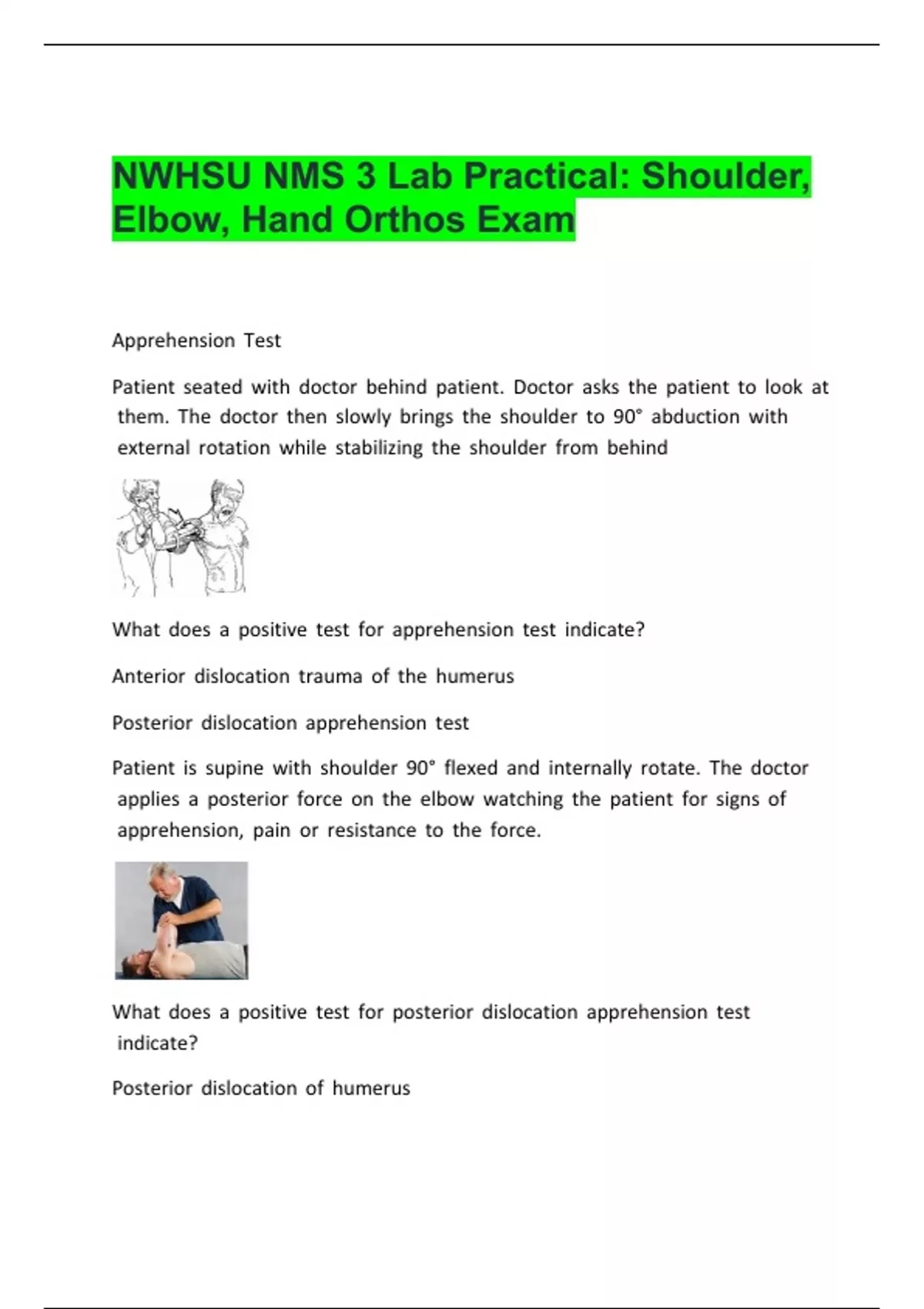 NWHSU NMS 3 Lab Practical Shoulder, Elbow, Hand Orthos Exam Questions ...