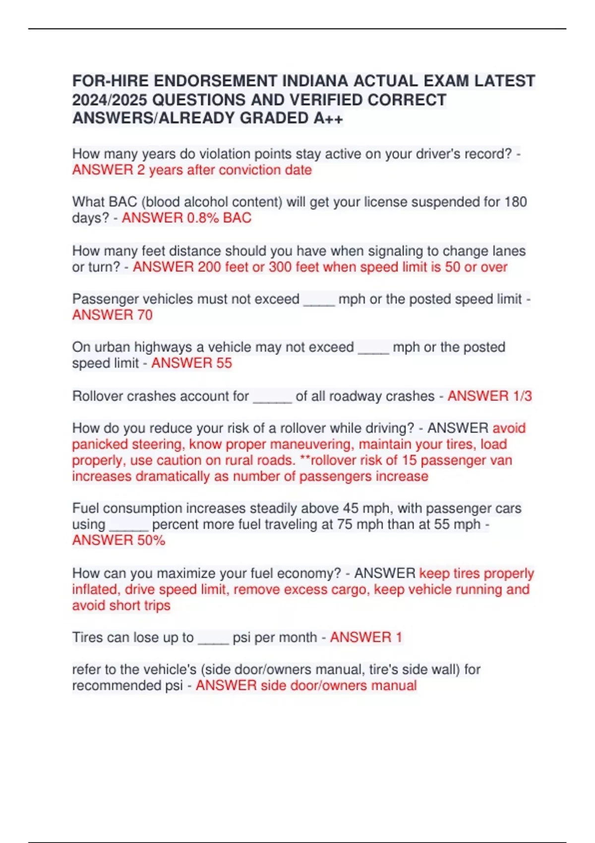 FOR-HIRE ENDORSEMENT INDIANA ACTUAL EXAM LATEST 2024/2025 QUESTIONS AND ...