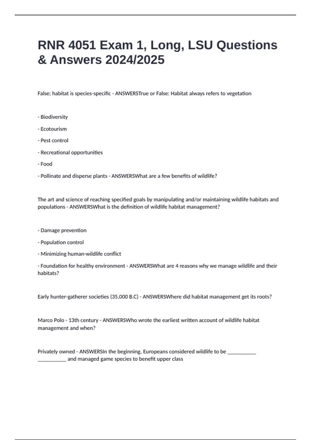 RNR 4051 Exam 1, Long, LSU Questions & Answers 2024/2025 - RNR 4051 ...