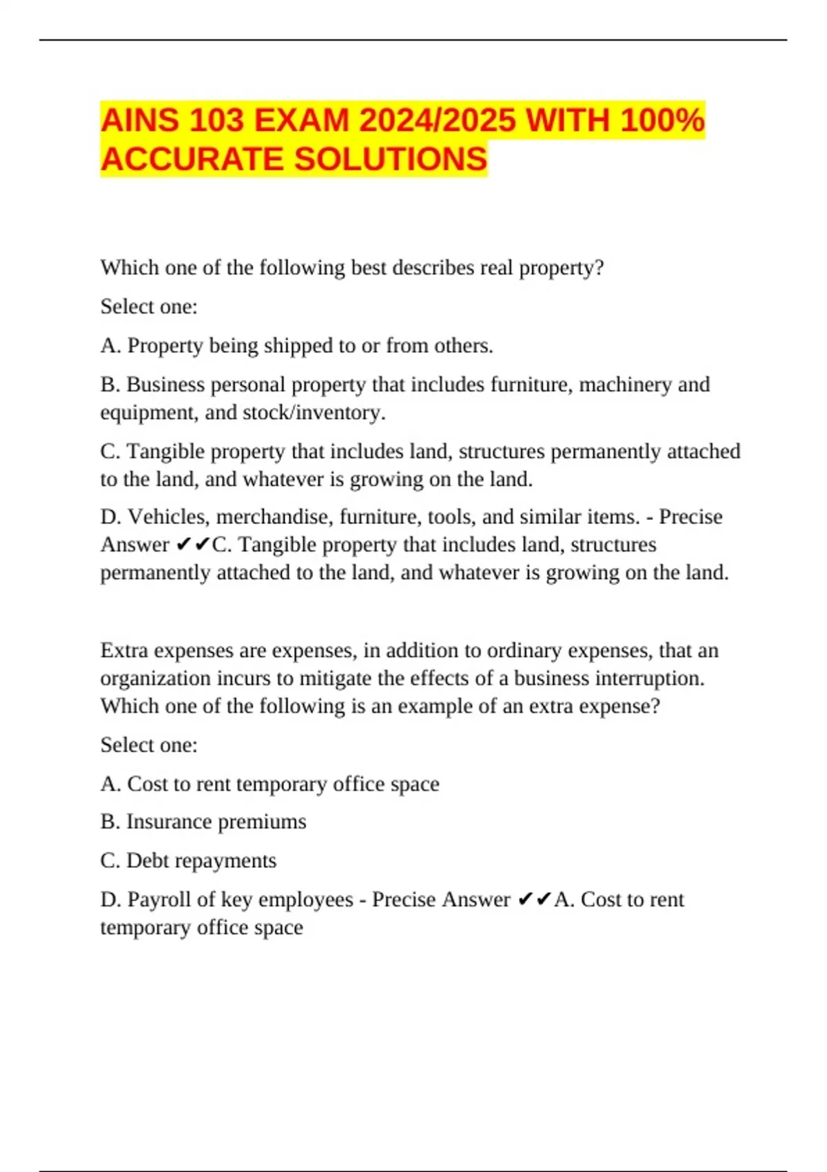 AINS 103 EXAM 2024/2025 WITH 100% ACCURATE SOLUTIONS - AINS 103 - Stuvia US