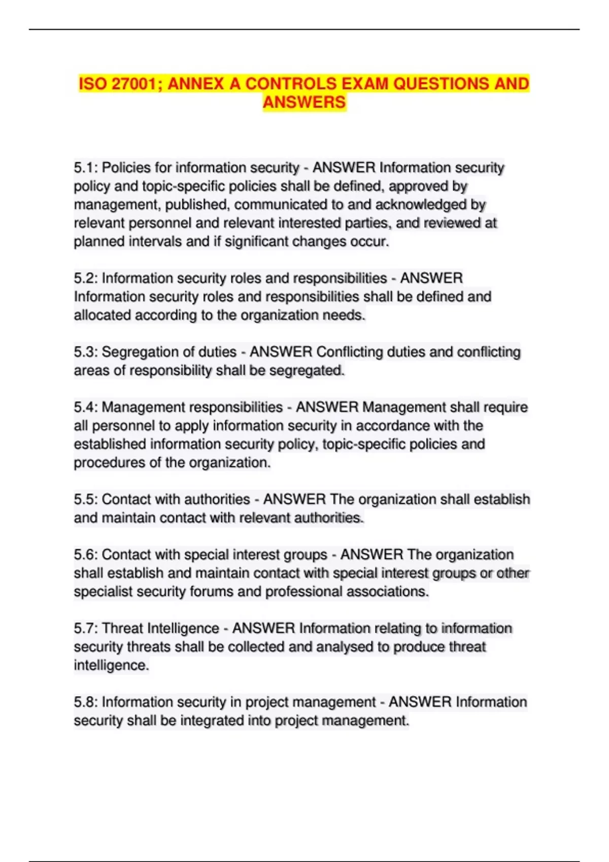 ISO 27001; ANNEX A CONTROLS EXAM QUESTIONS AND ANSWERS - ISO 27001 ...
