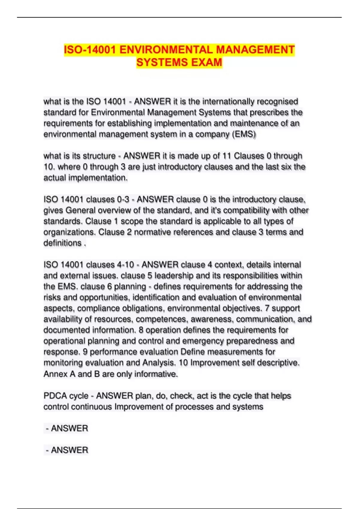 ISO-14001 ENVIRONMENTAL MANAGEMENT SYSTEMS EXAM - ISO-14001 ...