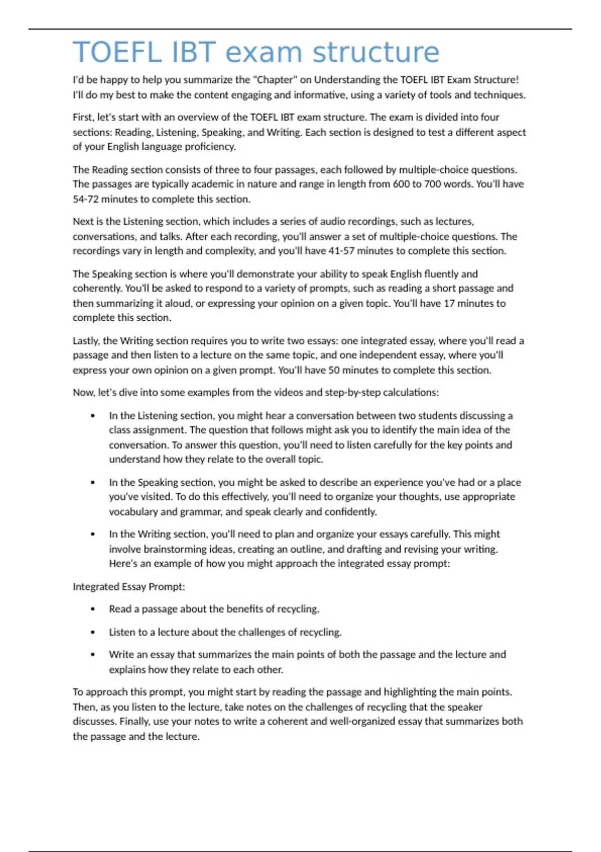 Summary Understanding the TOEFL IBT Exam Structure - Toefl - Stuvia US