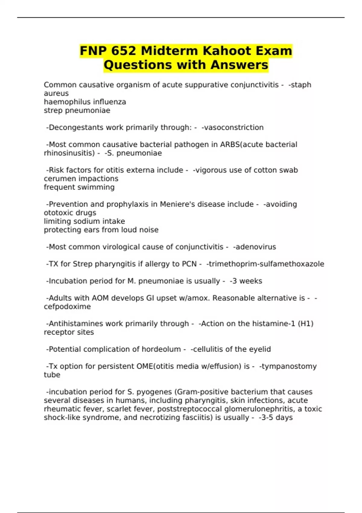 FNP 652 Midterm Kahoot Exam Questions with Answers - FNP 652 - Stuvia US