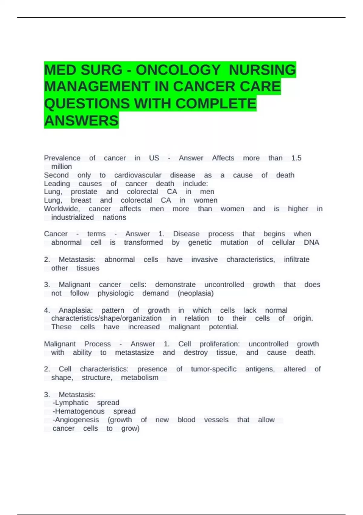 MED SURG - ONCOLOGY NURSING MANAGEMENT IN CANCER CARE QUESTIONS WITH ...