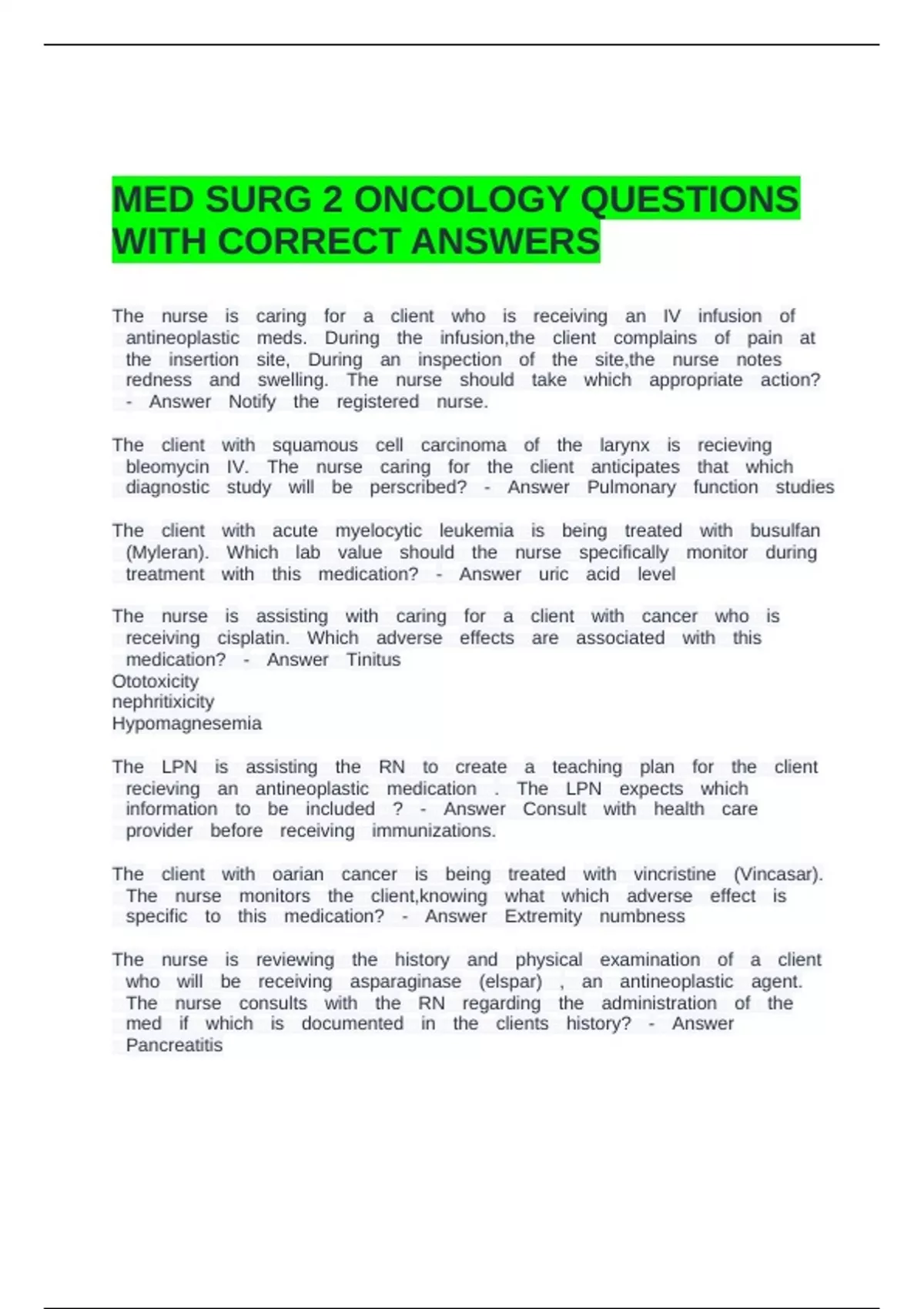 MED SURG 2 ONCOLOGY QUESTIONS WITH CORRECT ANSWERS. - MED SURG ONCOLOGY ...