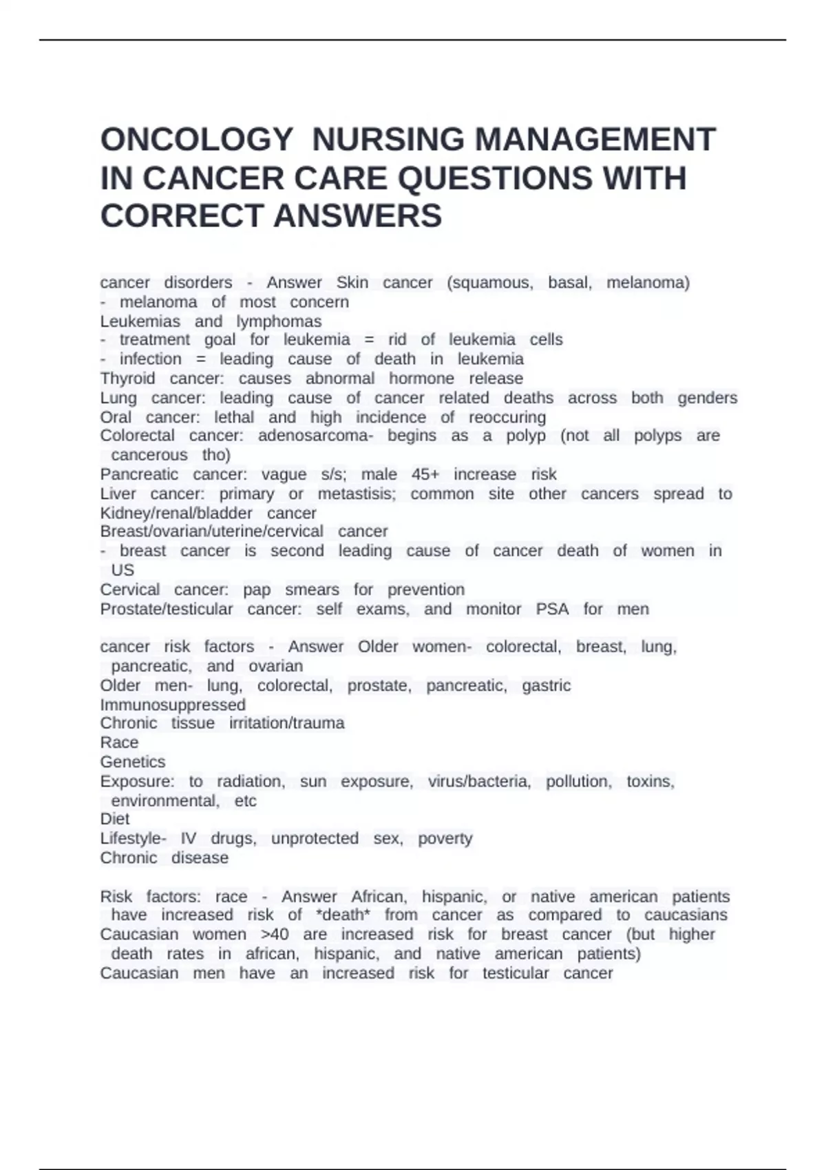 ONCOLOGY NURSING MANAGEMENT IN CANCER CARE QUESTIONS WITH CORRECT ...