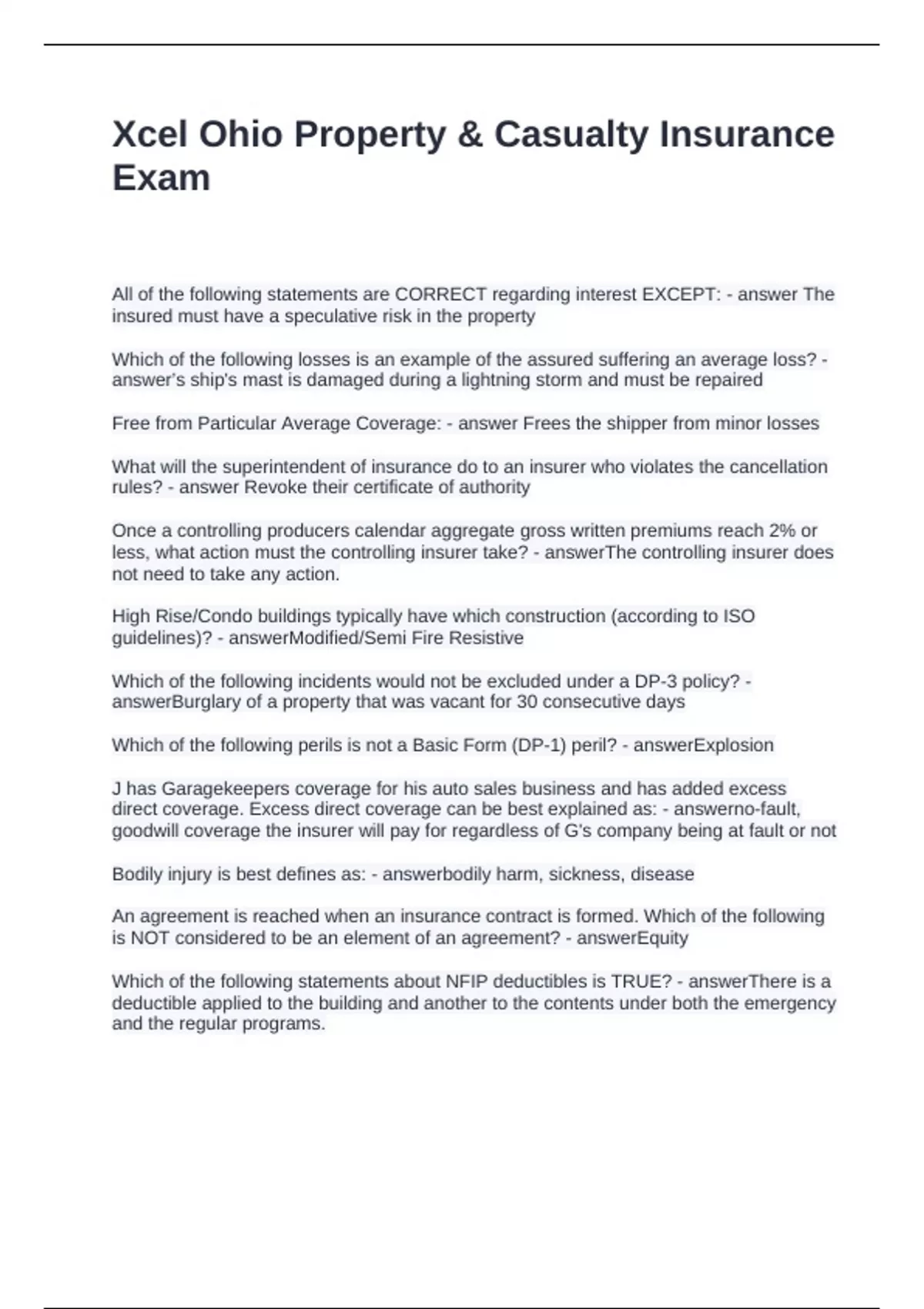 Xcel Ohio Property & Casualty Insurance Exam Questions with Solutions ...