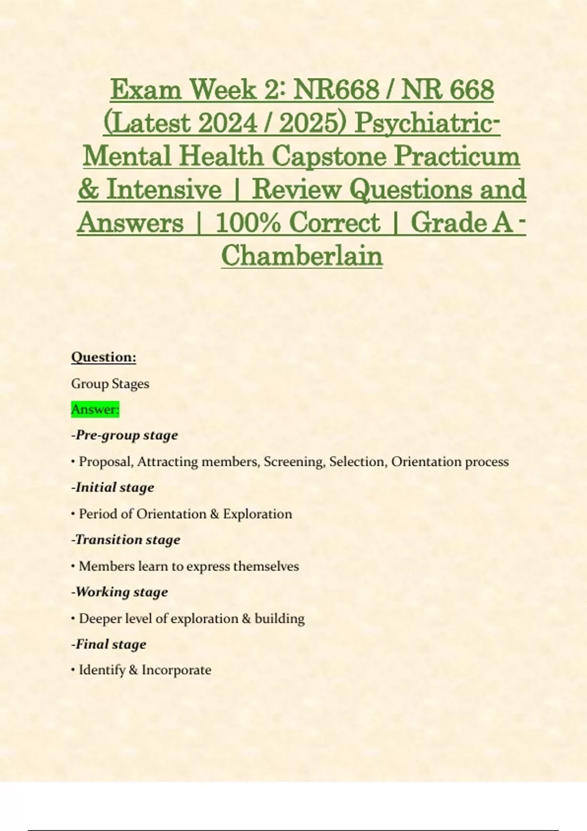 Exam Week 2: NR668 / NR 668 (Latest 2024 / 2025) Psychiatric-Mental ...