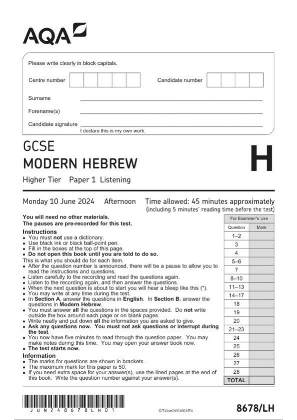 AQA GCSE MODERN HEBREW Higher Tier Paper 1 Listening question paper ...