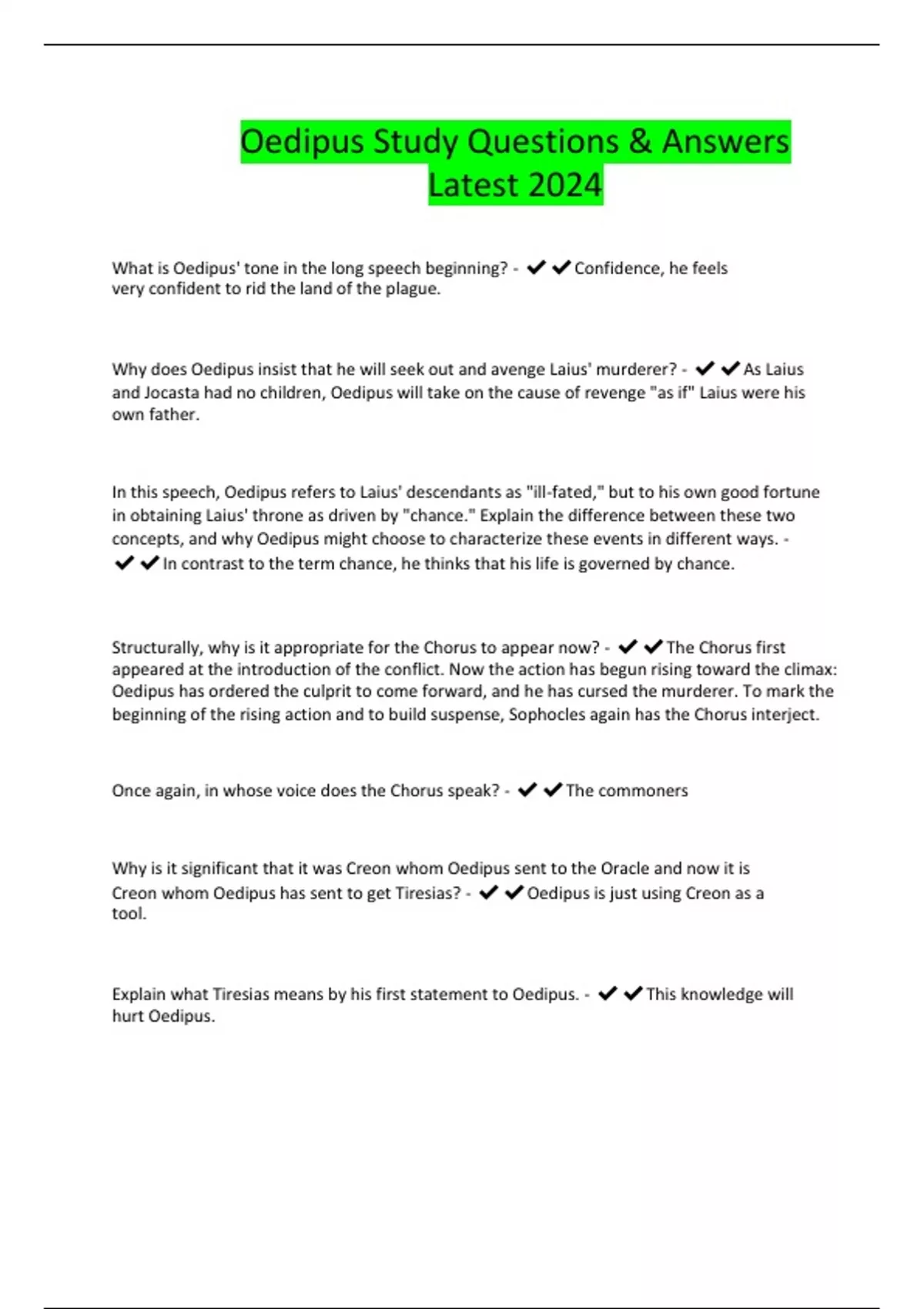 Oedipus Study Questions & Answers Latest 2024 - Oedipus - Stuvia US
