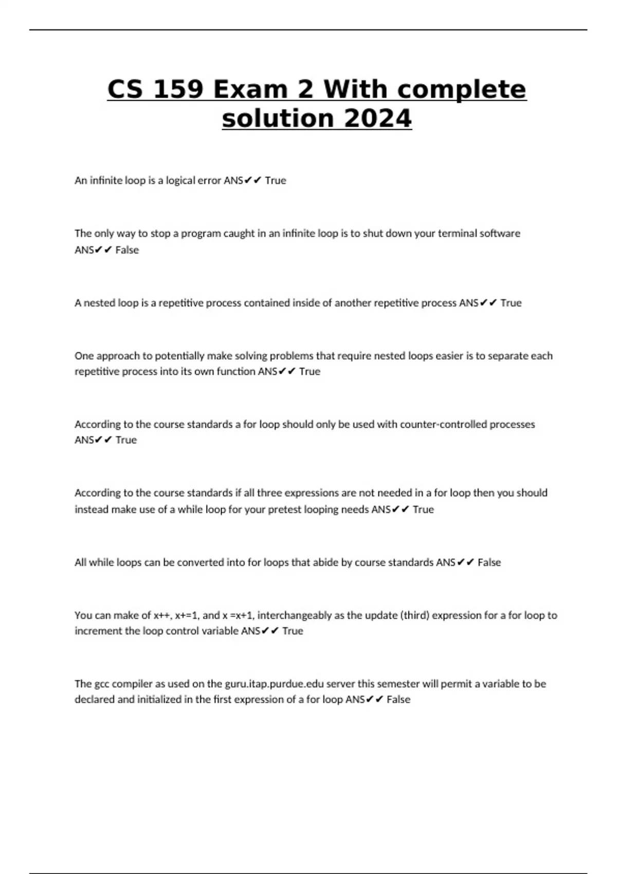 CS 159 Exam 2 With complete solution 2024 - CS 159 - Stuvia US