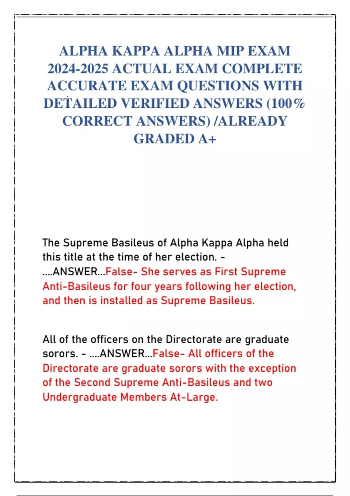 ALPHA KAPPA ALPHA MIP EXAM ACTUAL EXAM COMPLETE ACCURATE EXAM QUESTIONS ...
