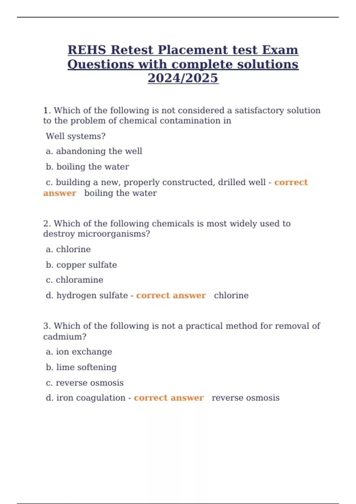 REHS Retest Placement test Exam Questions with complete solutions 2024/ ...