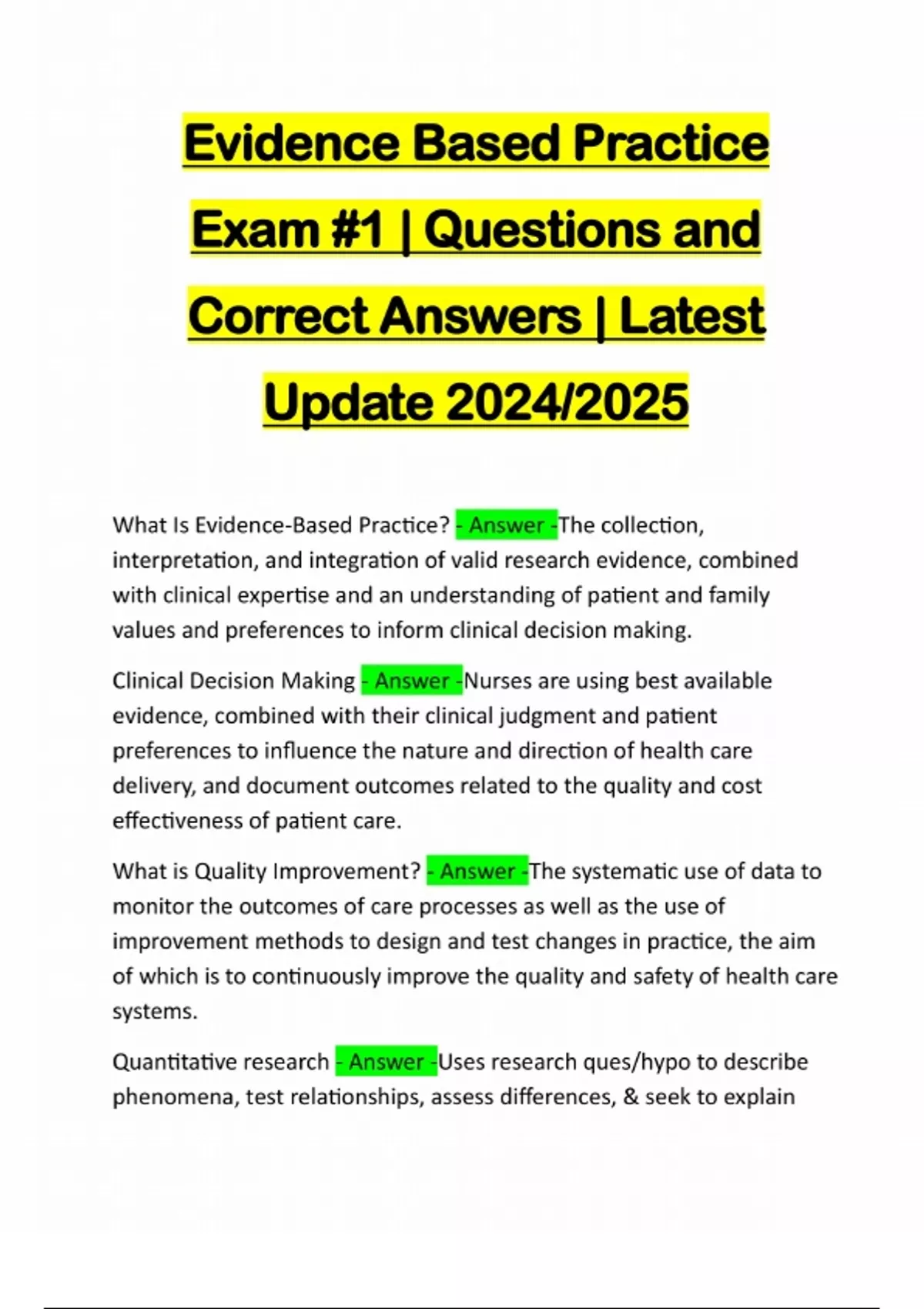 Evidence Based Practice Exam #1 | Questions and Correct Answers ...
