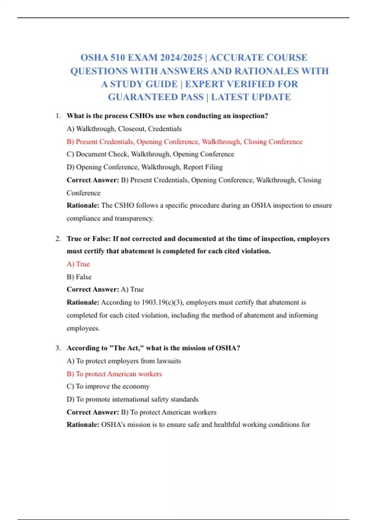 OSHA 510 EXAM 2024/2025 | ACCURATE COURSE QUESTIONS WITH ANSWERS AND ...