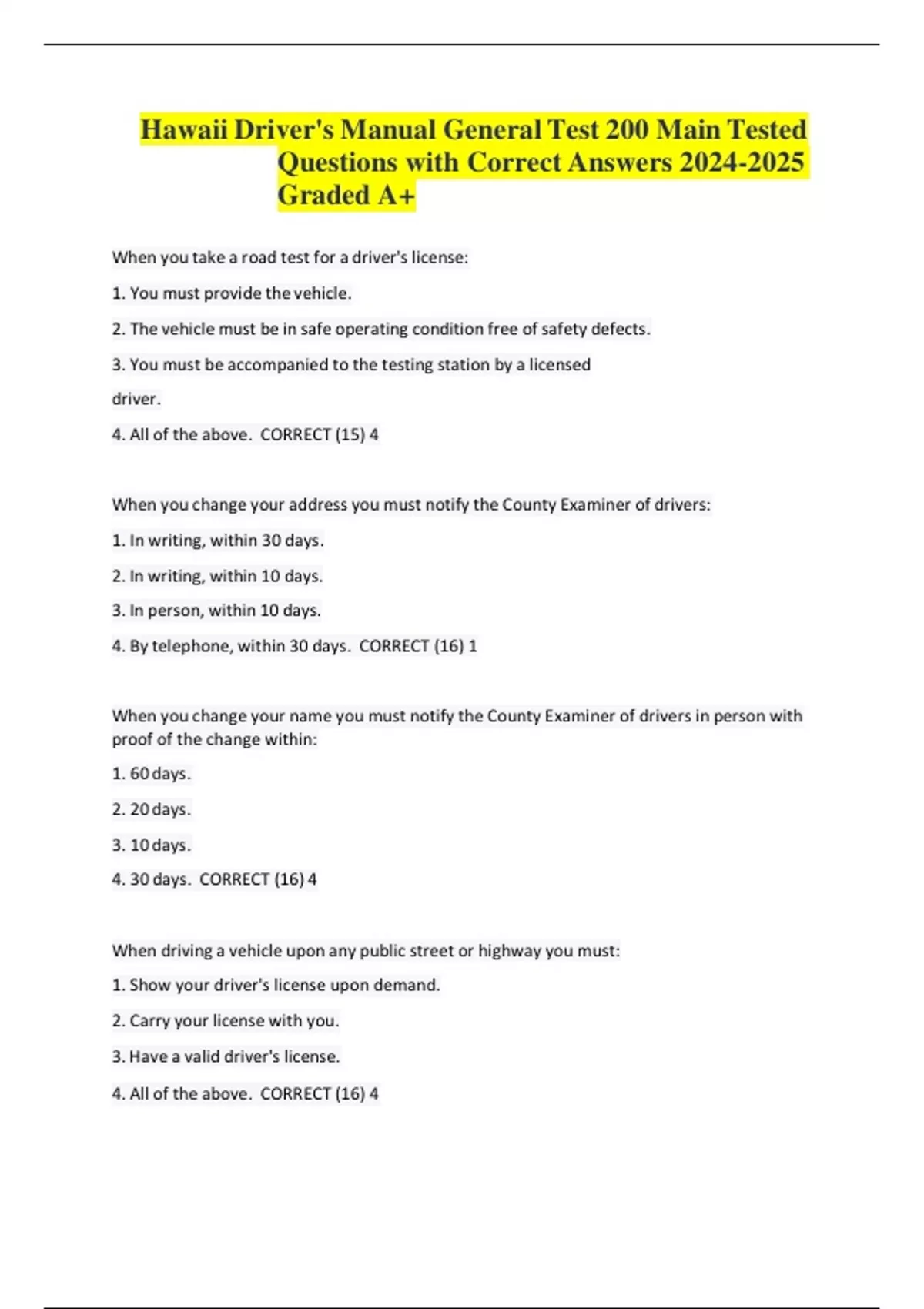Hawaii Driver's Manual General Test 200 Main Tested Questions with ...