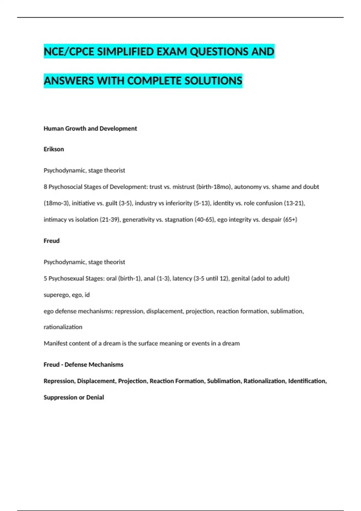 NCE/CPCE SIMPLIFIED EXAM QUESTIONS AND ANSWERS WITH COMPLETE SOLUTIONS - CPCE /NCE - Stuvia US