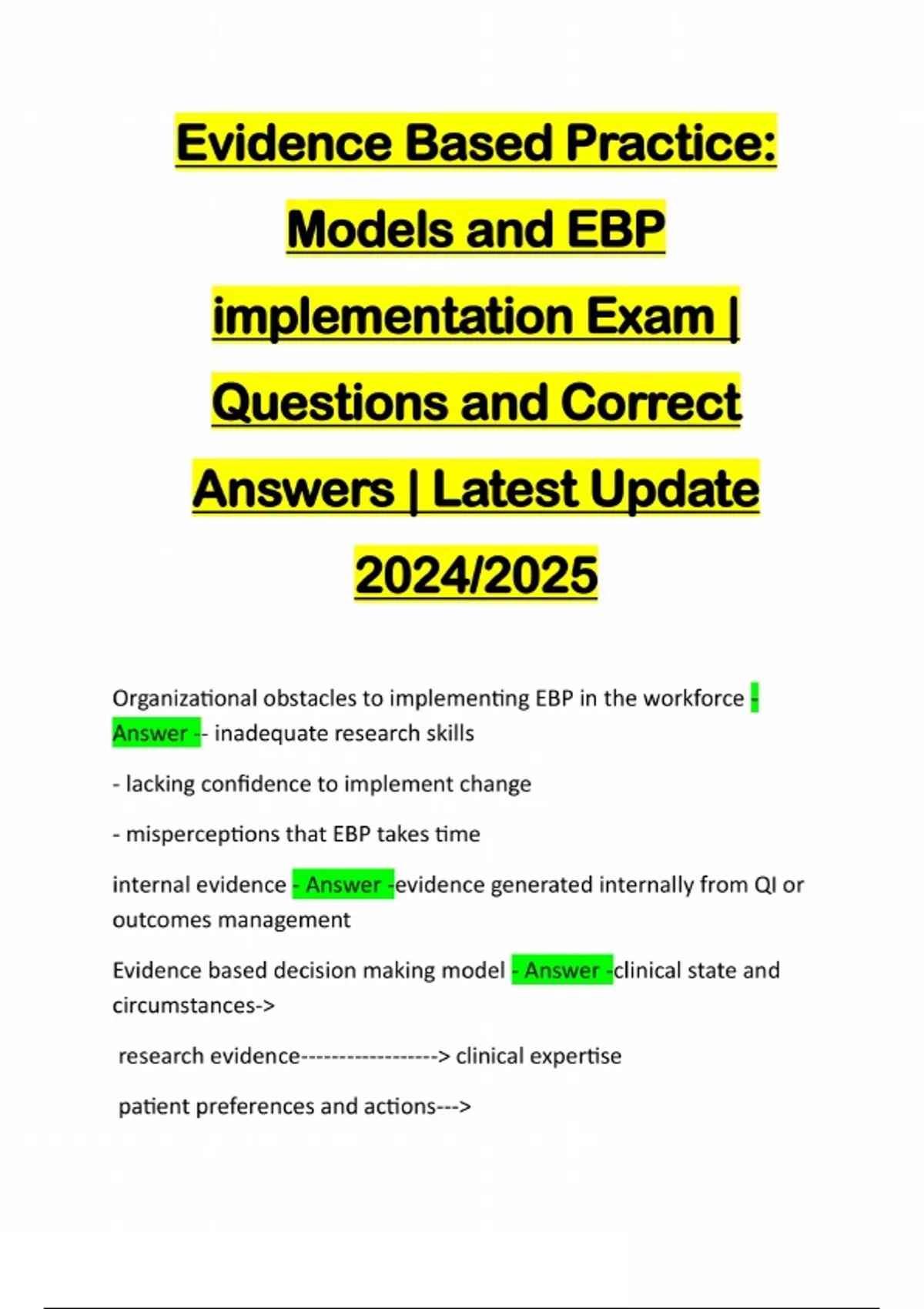 Evidence Based Practice: Models and EBP implementation Exam | Questions ...