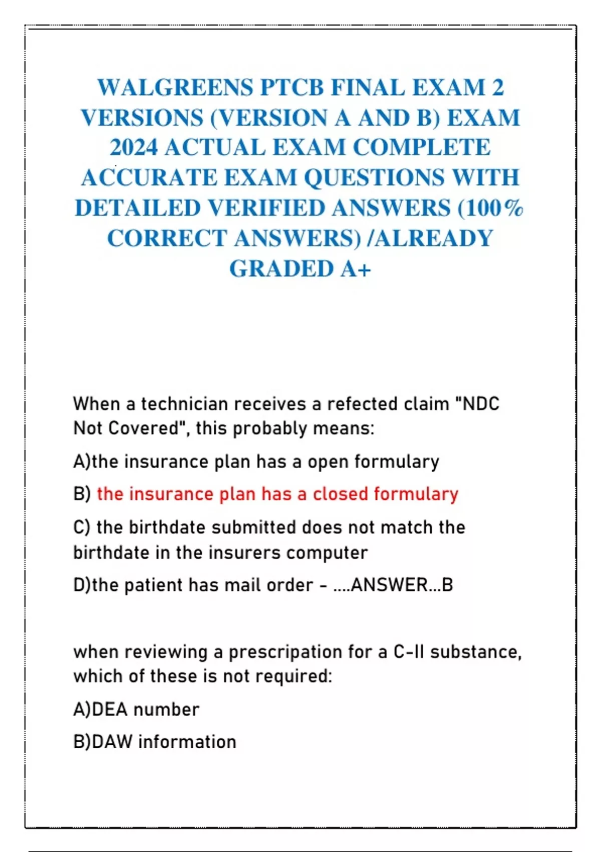 WALGREENS PTCB FINAL EXAM 2 VERSIONS (VERSION A AND B) EXAM 2024 ACTUAL ...