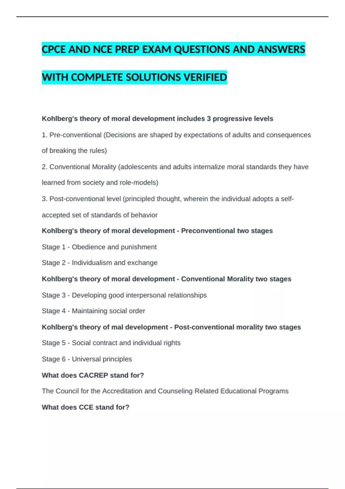 CPCE AND NCE PREP EXAM QUESTIONS AND ANSWERS WITH COMPLETE SOLUTIONS ...