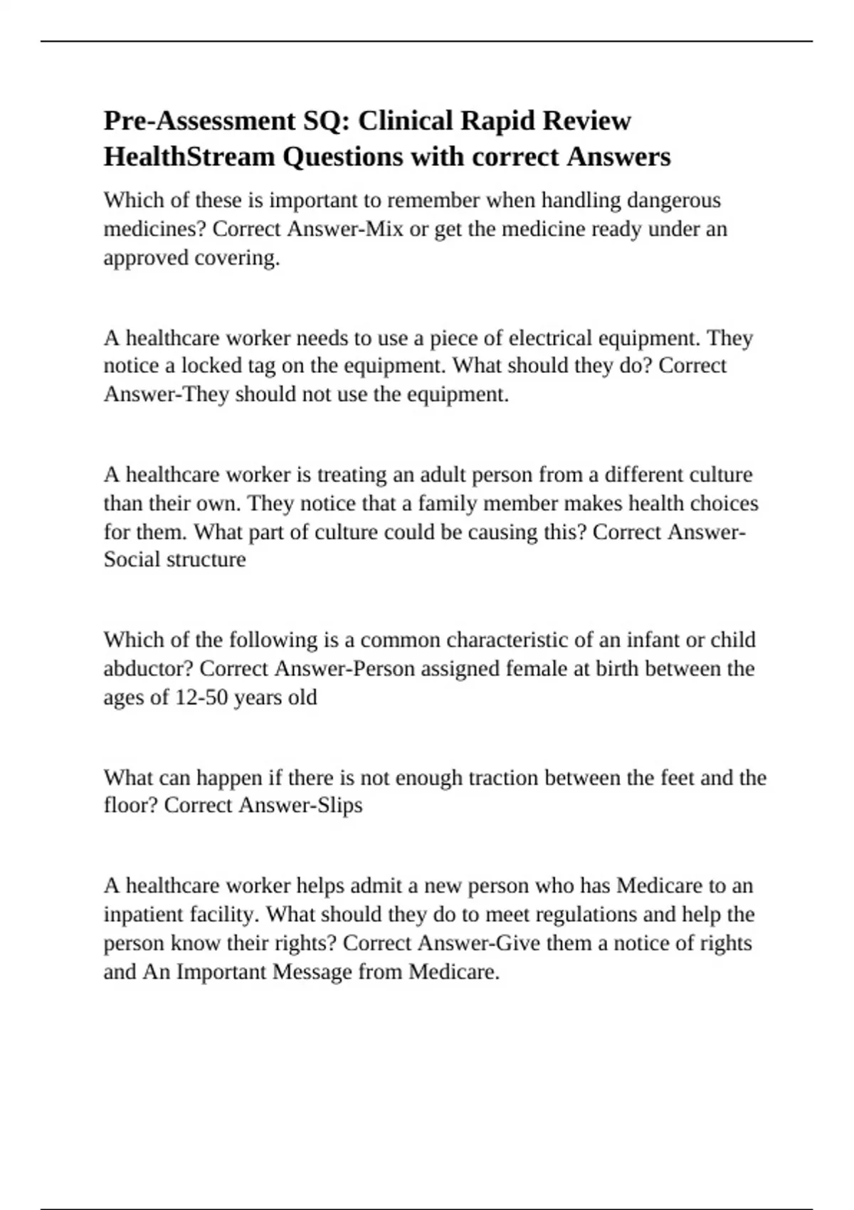 Pre-Assessment SQ: Clinical Rapid Review HealthStream Questions with ...