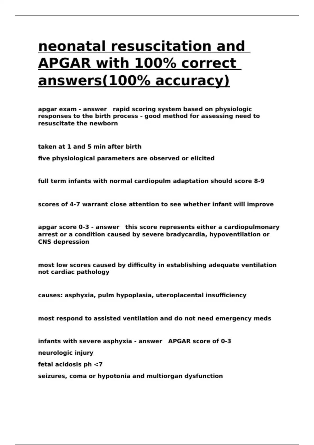 neonatal resuscitation and APGAR with 100- correct answers(100 ...