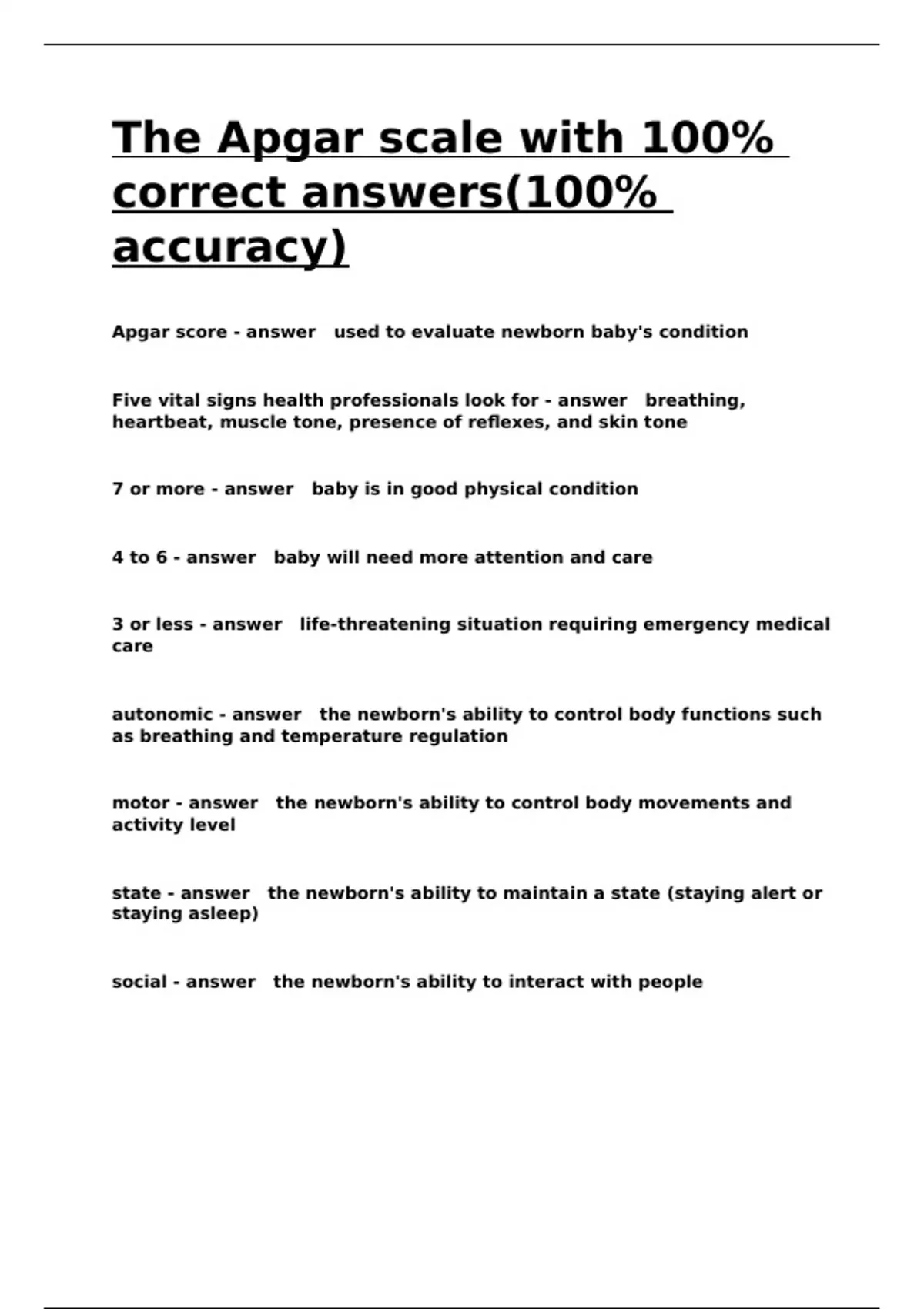 The Apgar scale with 100- correct answers(100- accuracy). - APGAR NCLEX ...