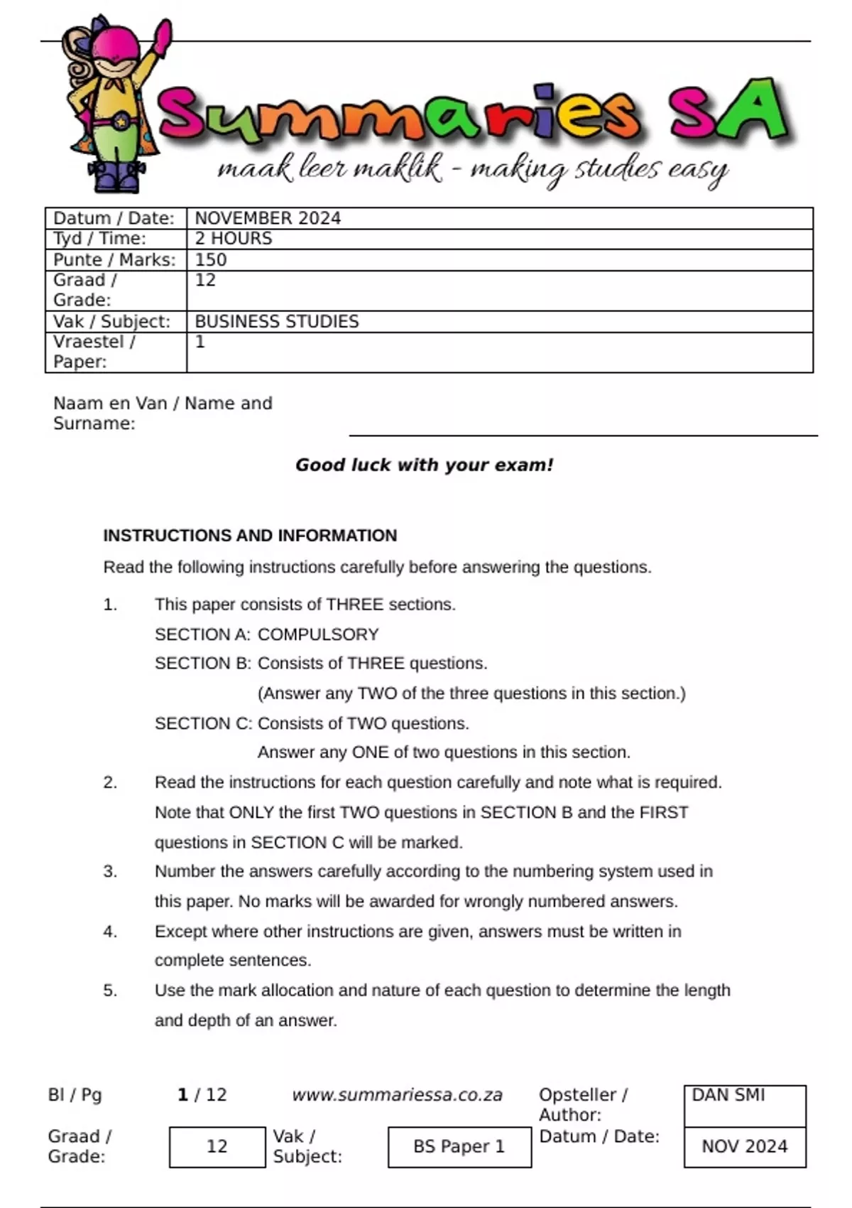 Grade 12 Business Studies (BS) November Test Paper 1 and Memo - 2024 ...